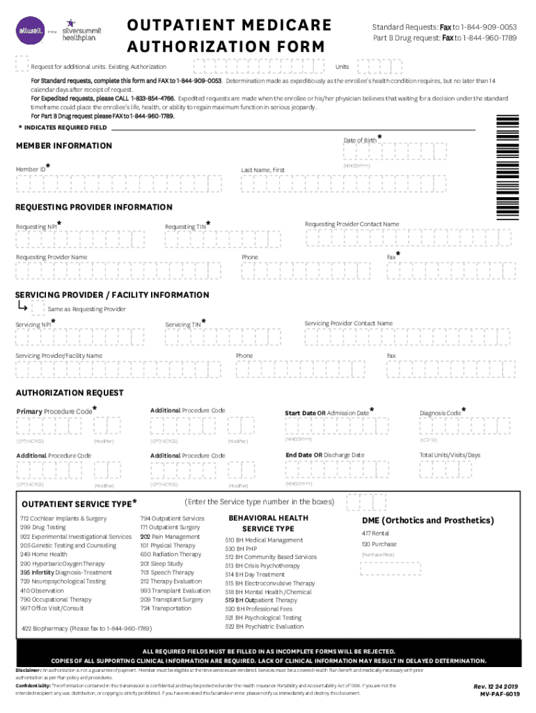 Fillable Online Allwell From Silver Summit Health Plan - Outpatient ...
