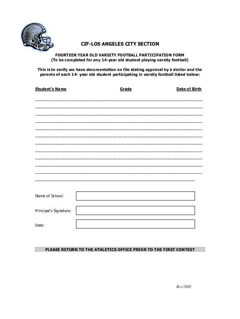 Fillable Online FOURTEEN YEAR OLD VARSITY FOOTBALL PARTICIPATION FORM ...