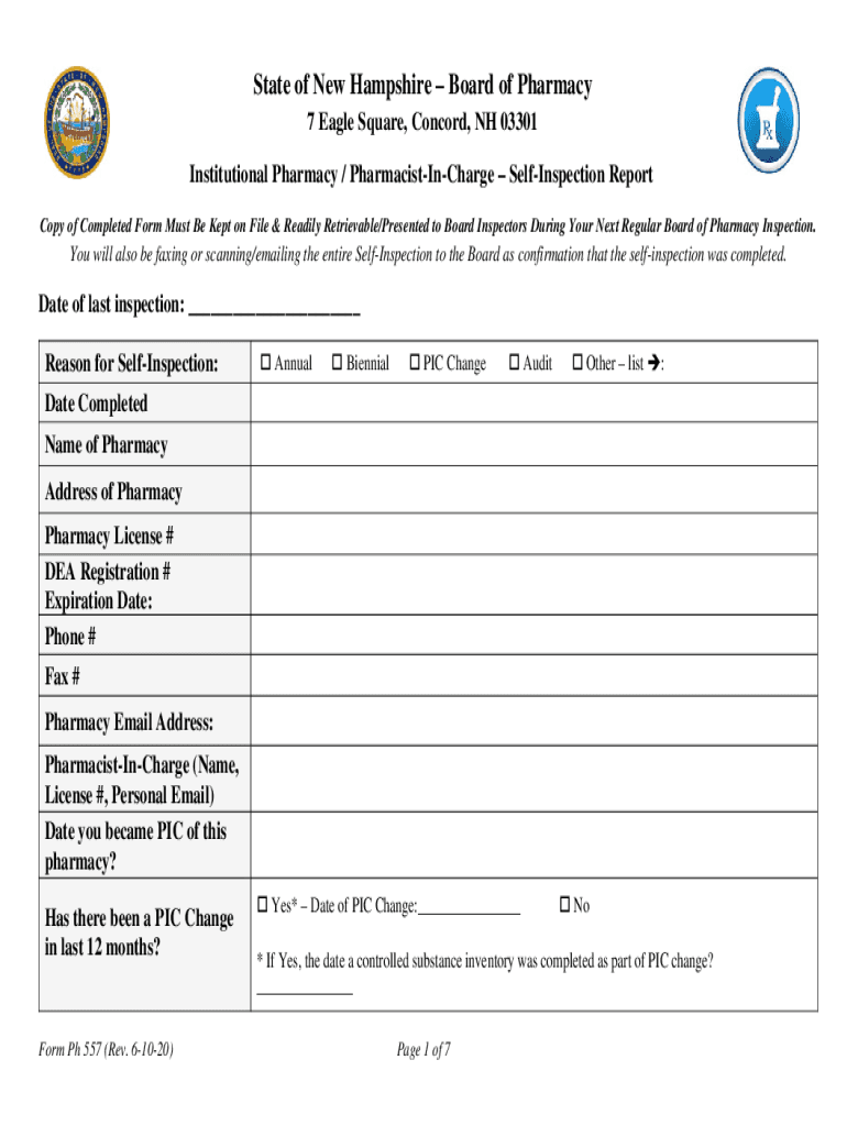 Fillable Online Institutional Pharmacy Self-Inspection Form (Rev 6-10 ...