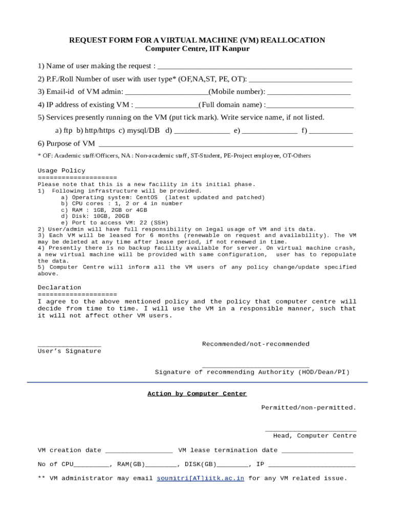 Fillable Online REQUEST FORM FOR A VIRTUAL MACHINE (VM) REALLOCATION ...