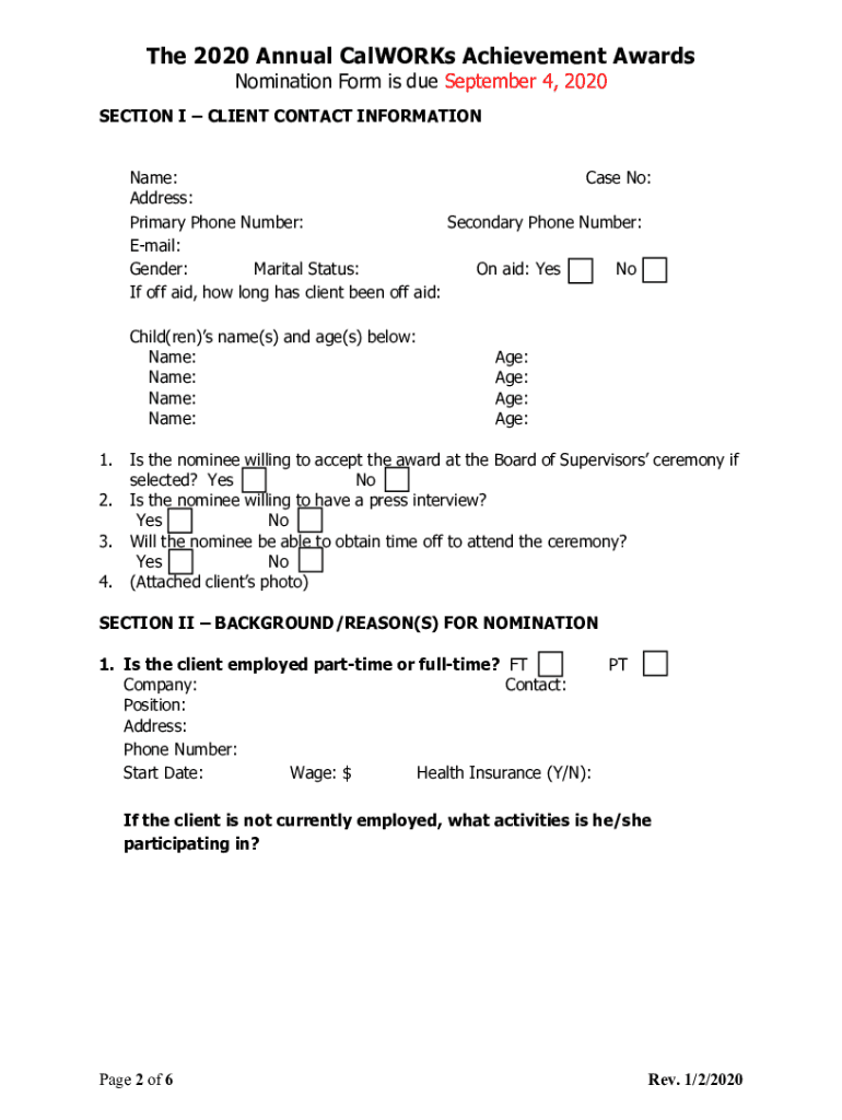 Fillable Online CalWORKs Achievement Awards Nomination Form - the ...