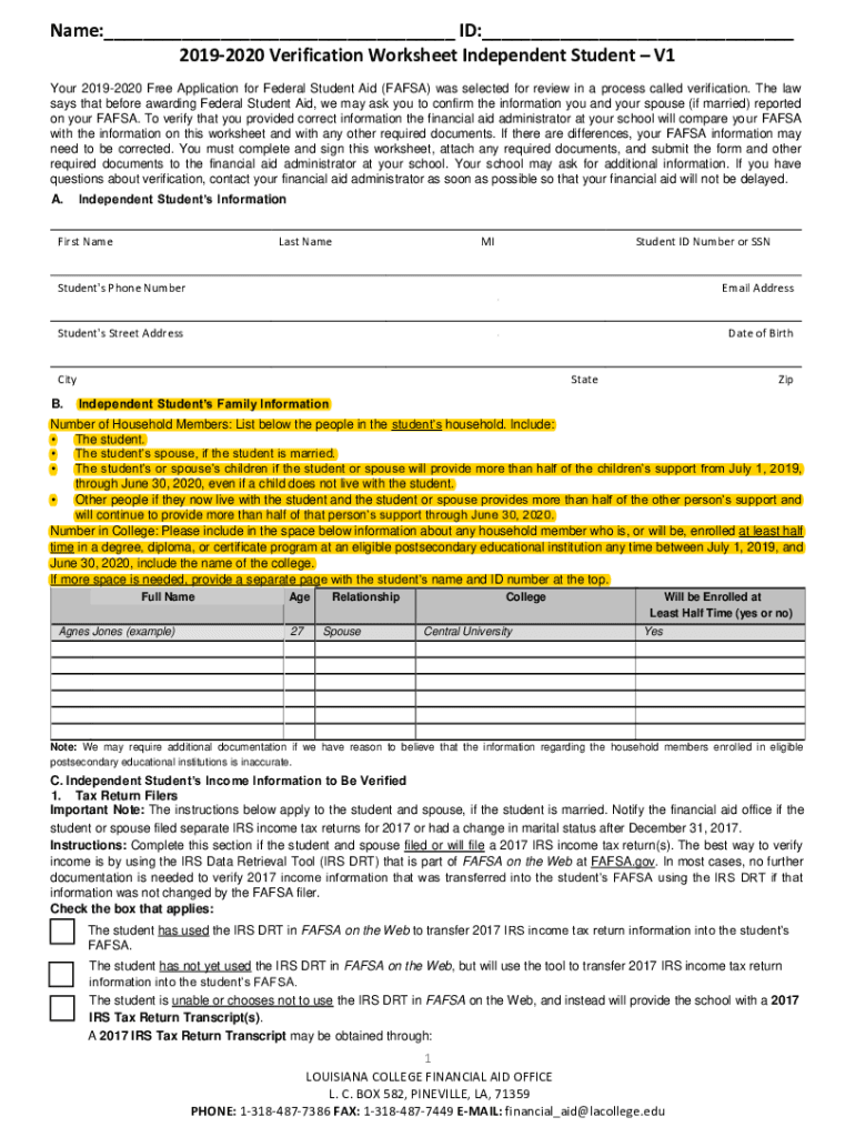 Fillable Online Name: ID: 2019-2020 Verification Worksheet Independent ... Fax Email Print ...