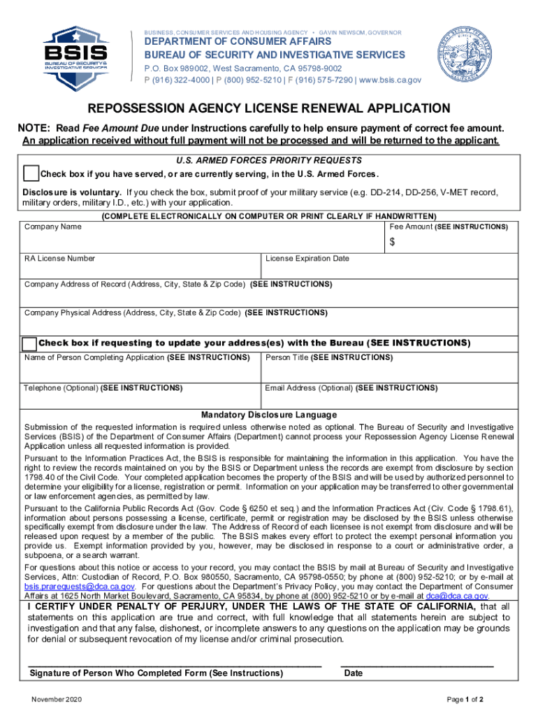 Fillable Online bsis ca Repossession Agency License Renewal Application ...