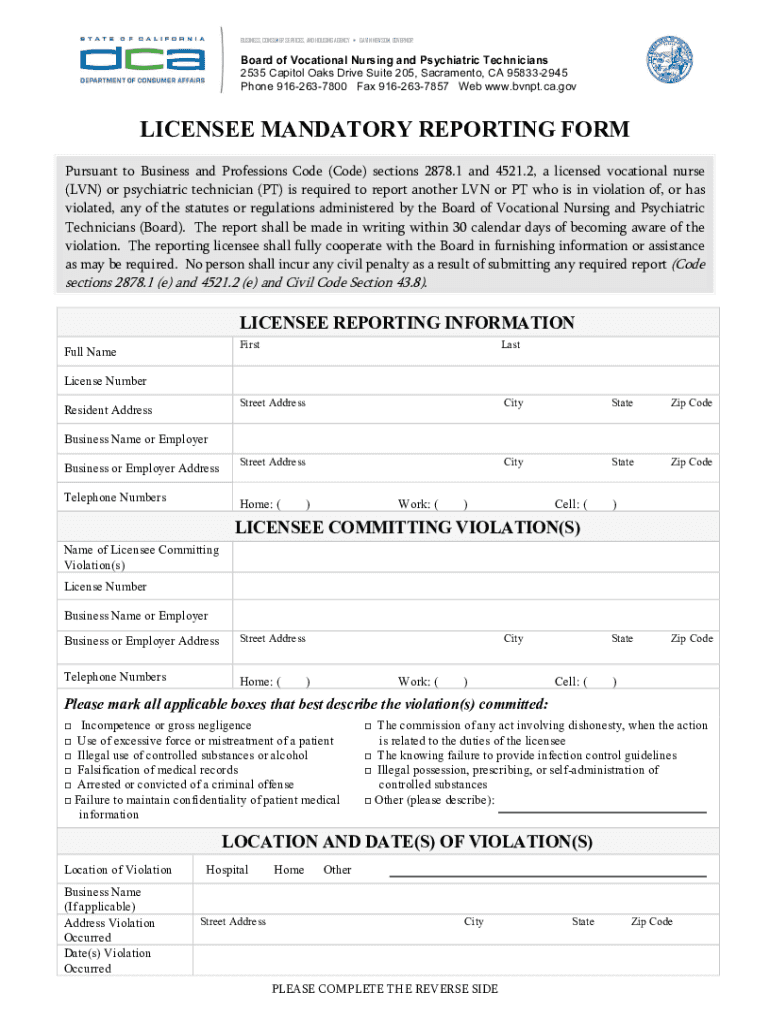 Fillable Online bvnpt ca LICENSEE MANDATORY REPORTING FORM. LICENSEE ...
