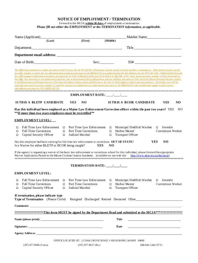 NOTICE OF EMPLOYMENT / TERMINATION Doc Template | pdfFiller