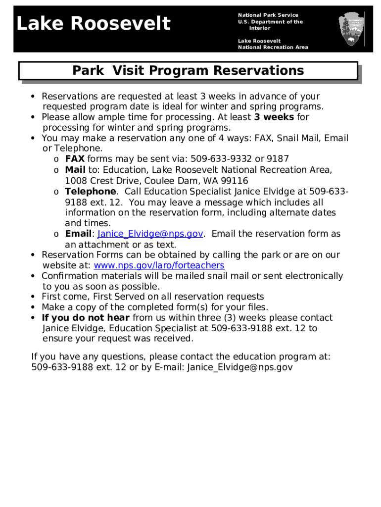 DOC Lake Roosevelt Park Visit Program Reservations - National Park ...