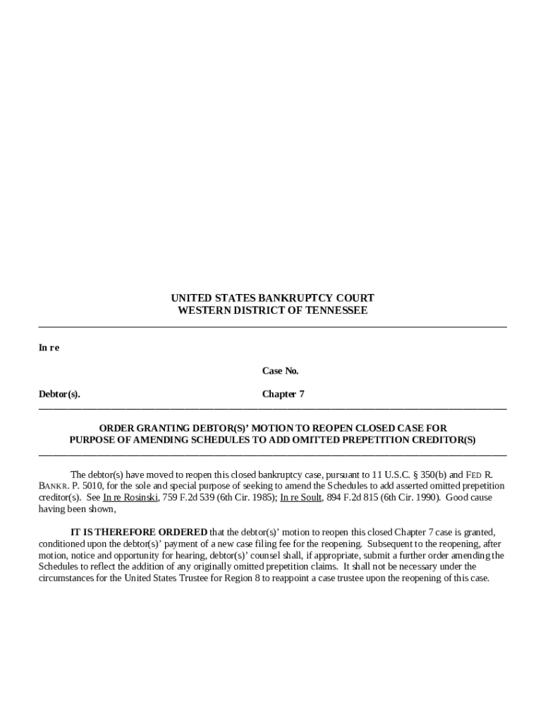 ORDER GRANTING DEBTOR(S)' MOTION TO REOPEN CLOSED CASE FOR Doc Template ...