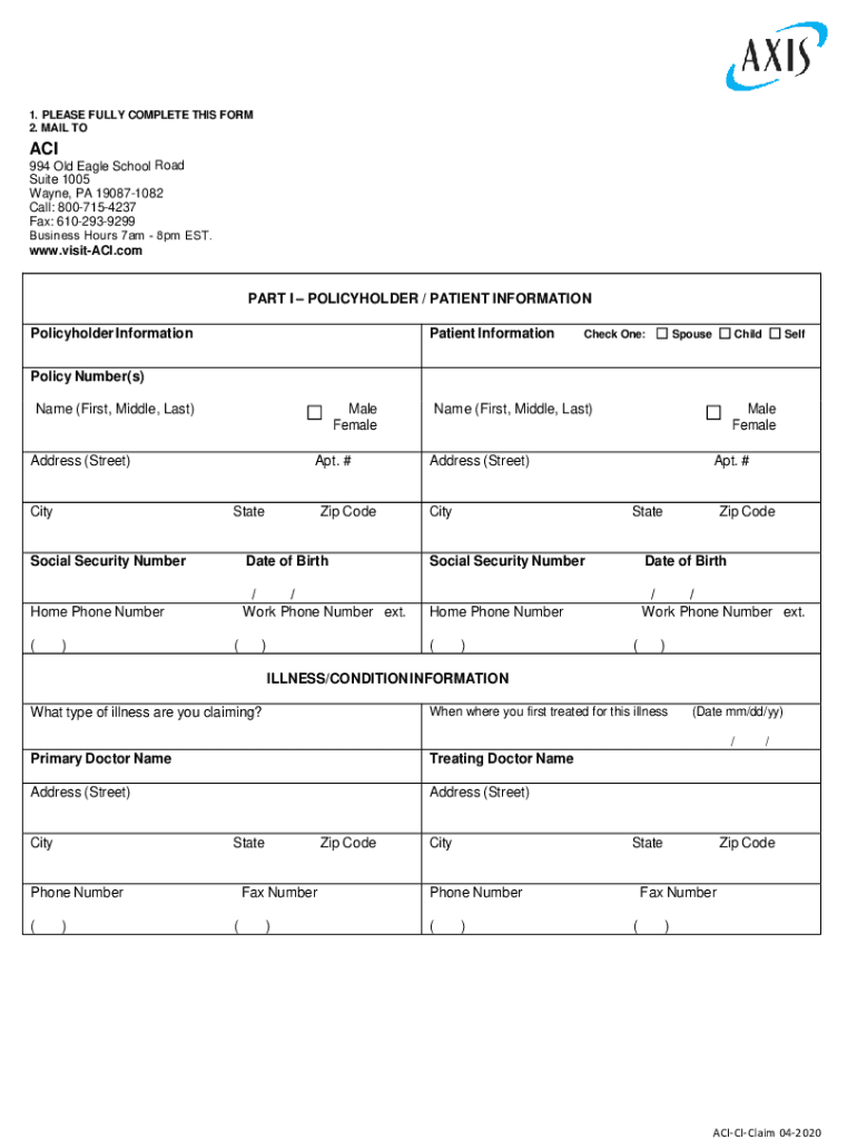 Fillable Online AXIS Critical Illness Claim Form 093019.docx Fax Email ...
