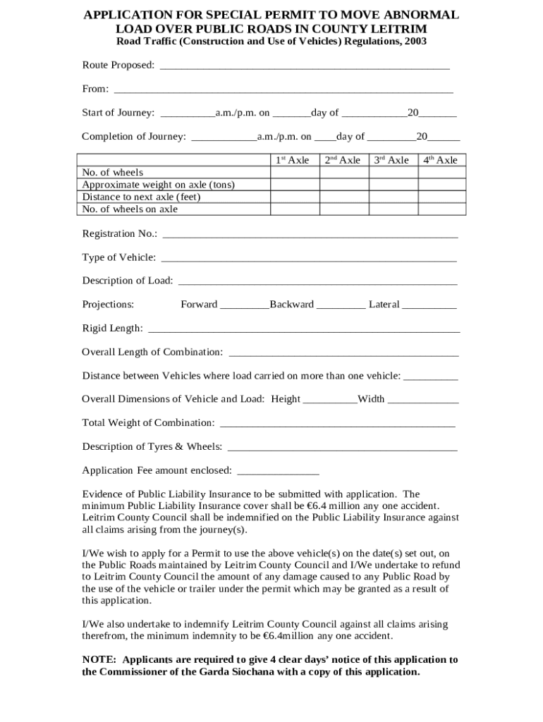 APPLICATION FOR SPECIAL PERMIT TO MOVE ABNORMAL LOAD OVER PUBLIC ROADS ...