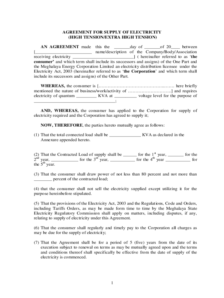 Fillable Online Agreement For Supply Of Electricity (High Tension/Extra ...
