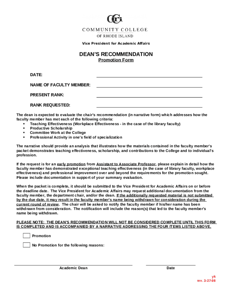 Dean Promotion Recommendation Doc Template | pdfFiller