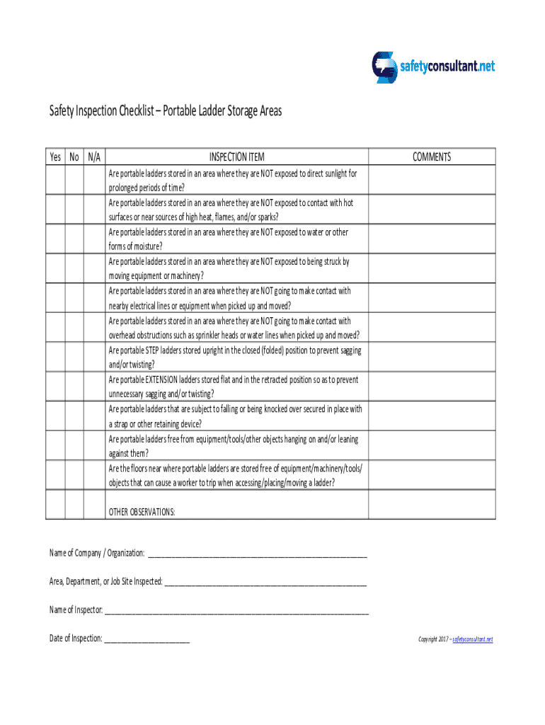 Fillable Online Safety Inspection Checklist Portable Ladder Storage ...