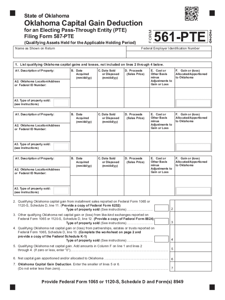 Fillable Online 2020 Form 561-PTE. Oklahoma Capital Gain Deduction for ... Fillable Online 2020 Form 561-PTE. Oklahoma Capital Gain Deduction for ...