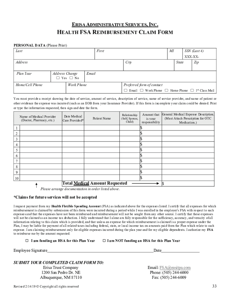 Fillable Online HEALTH FSA REIMBURSEMENT CLAIM FORM Fax Email Print ...