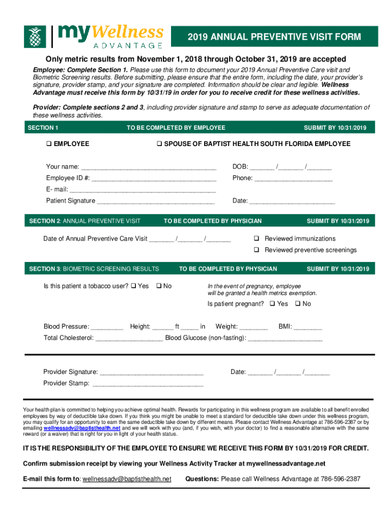 Fillable Online 2019 ANNUAL PREVENTIVE VISIT FORM Fax Email Print ...
