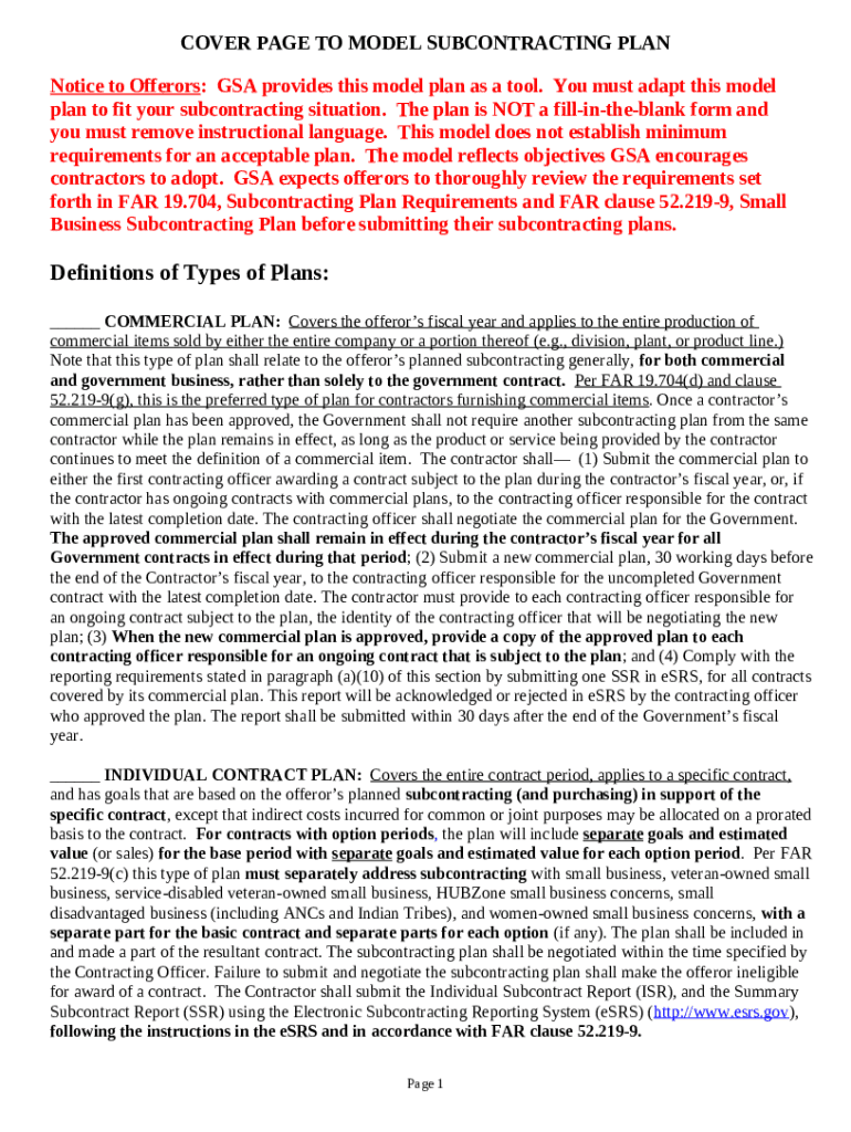 ATTACHMENT 7 COVER PAGE TO MODEL SUBCONTRACTING PLAN Notice ... Doc Template | pdfFiller