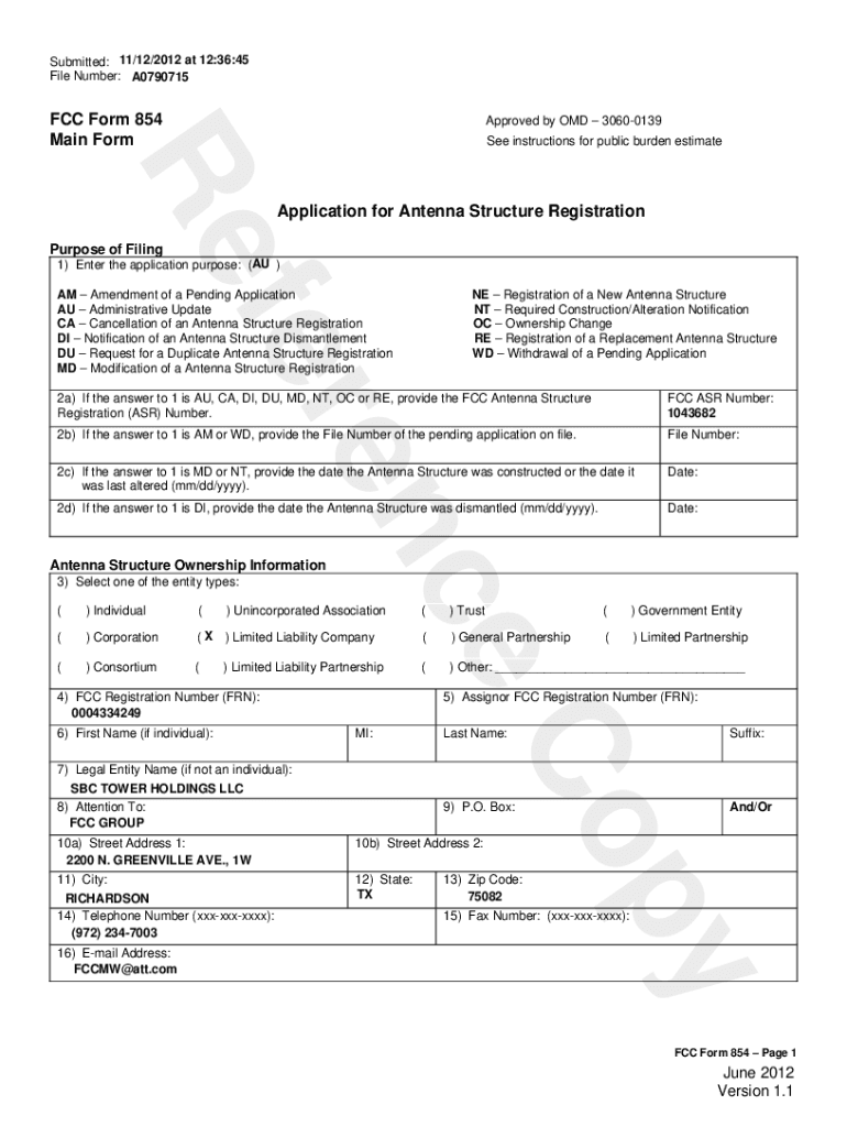 Fillable Online FCC Form 854 Main Form Application for ... - wireless2 ...