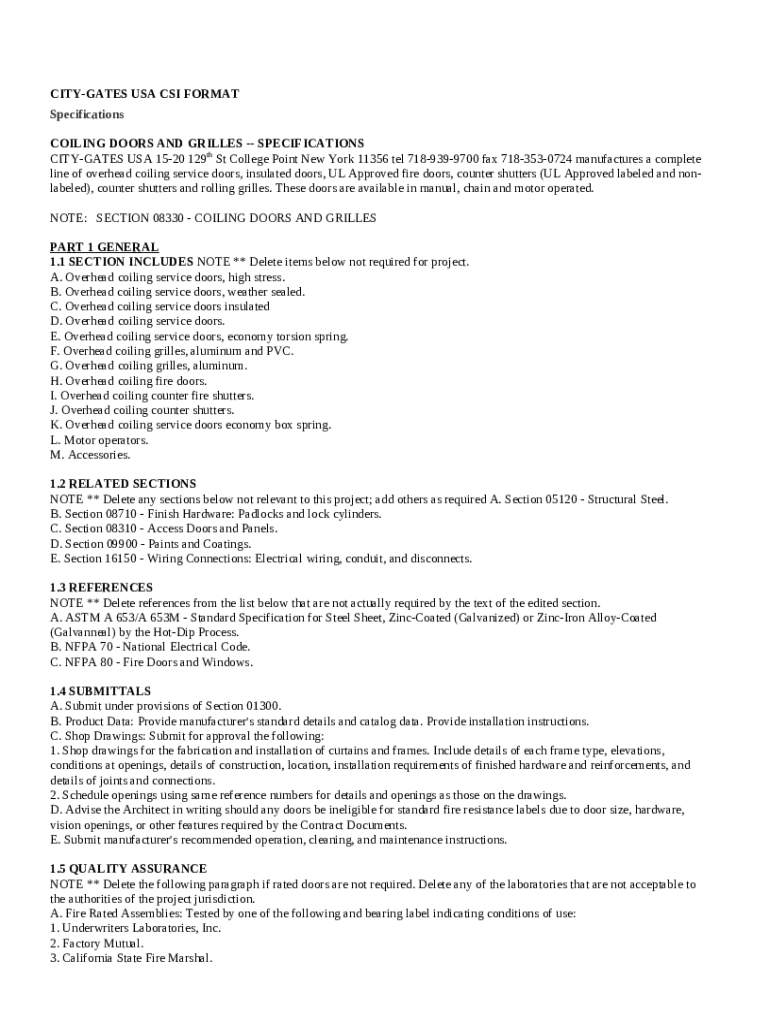 COILING DOORS AND GRILLES -- SPECIFICATIONS Doc Template | pdfFiller