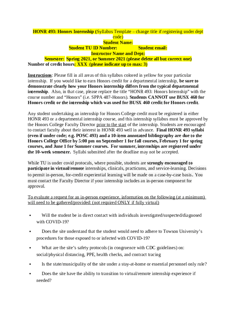 HONR 493: Honors Internship (Syllabus Template - change title if ...