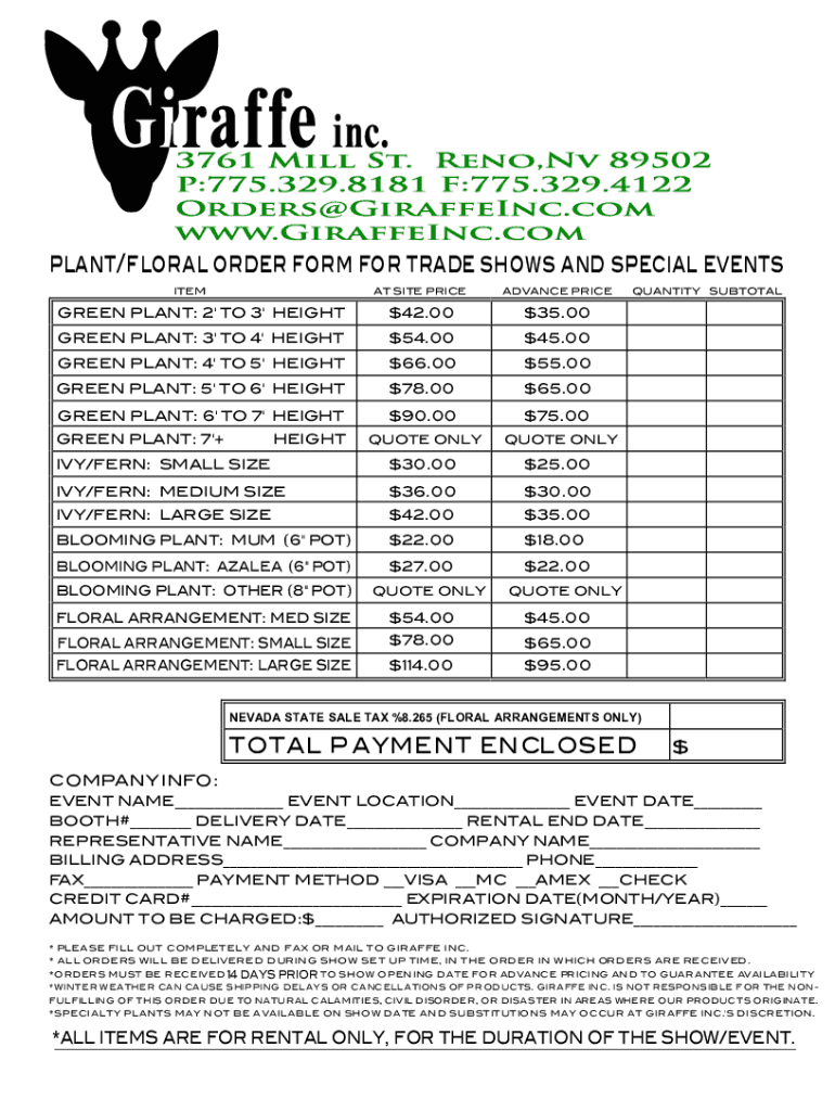 Fillable Online plant/f loral order form for trade shows and special e ...