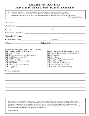 Fillable Online After Hours Key Drop Form - Bergman's European Auto Fax ...