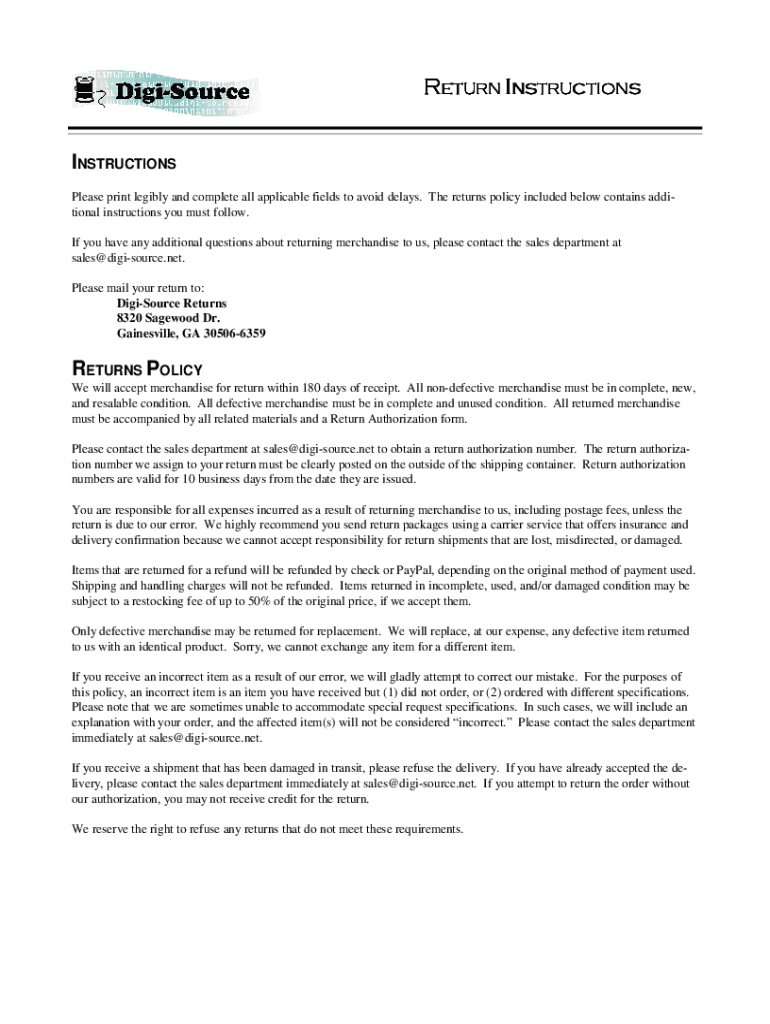 Fillable Online docs digi-source Digi-Source - Return Authorization ...