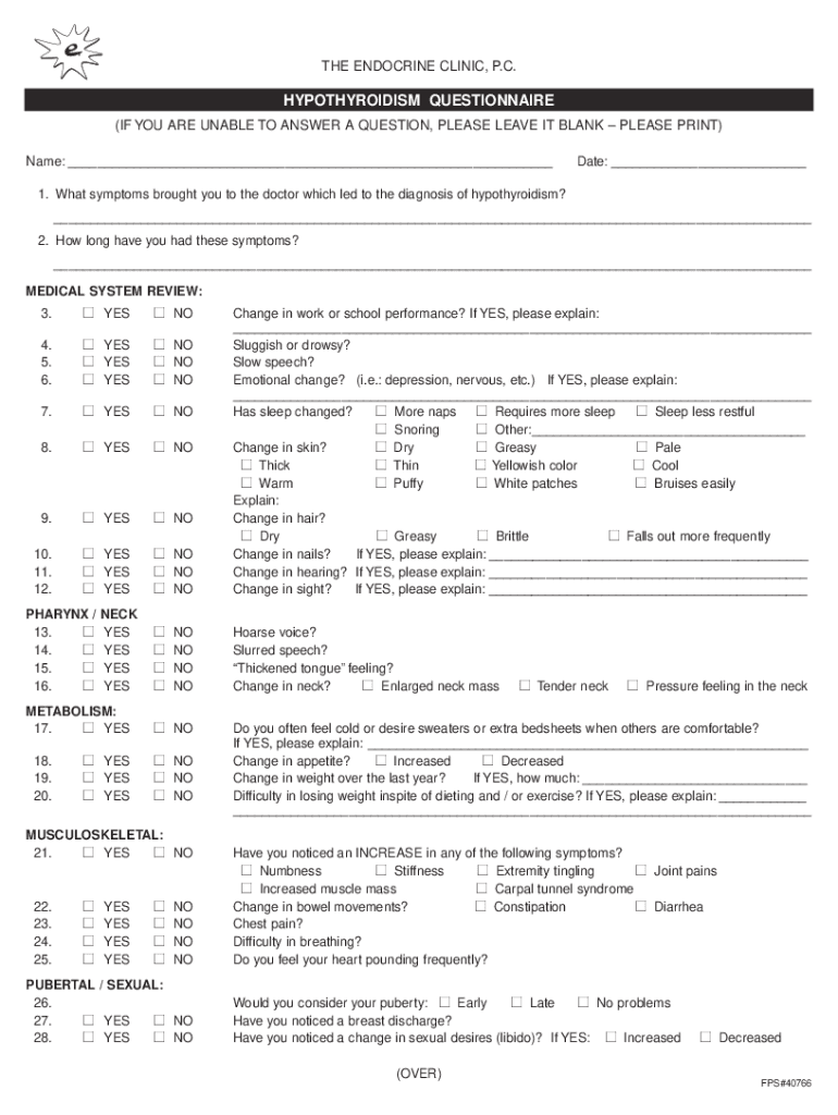 Fillable Online HYPOTHYROIDISM QUESTIONNAIRE IF YOU ARE UNABLE TO ...