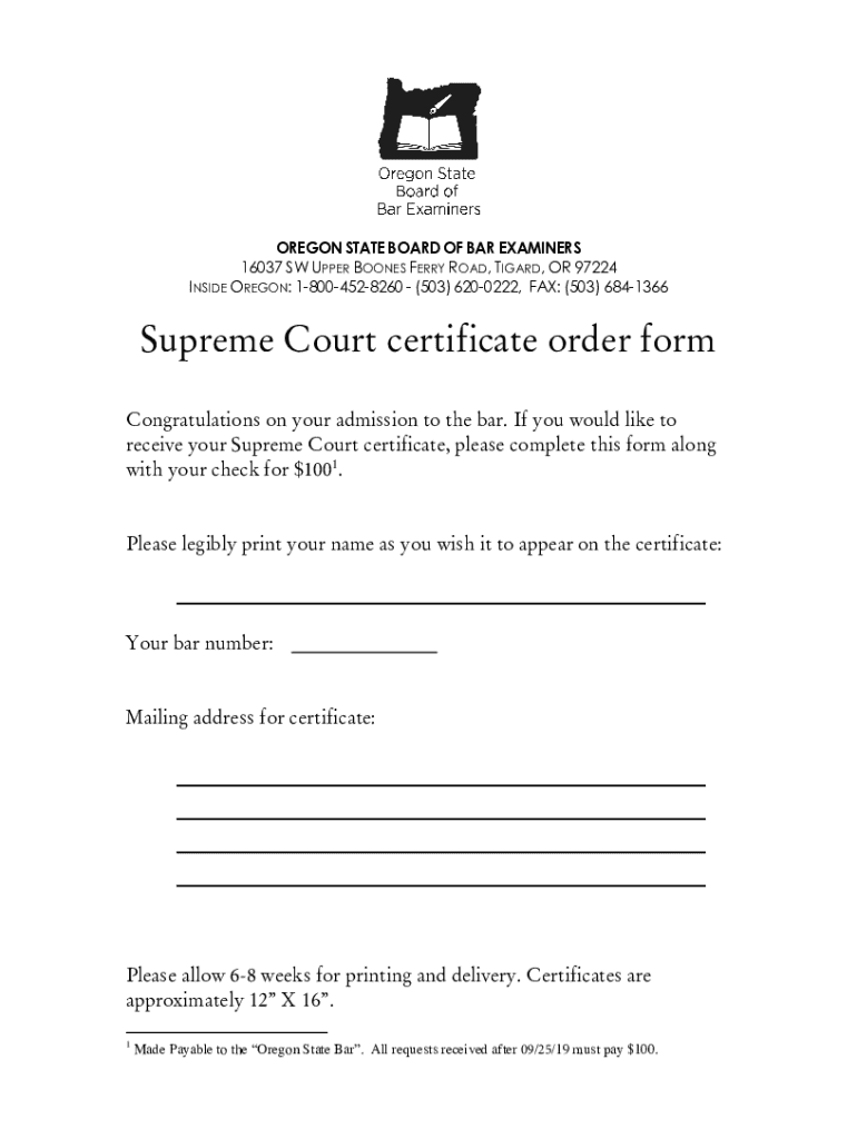 Fillable Online Supreme Court Certificate Order Form - MASTER. Supreme ...