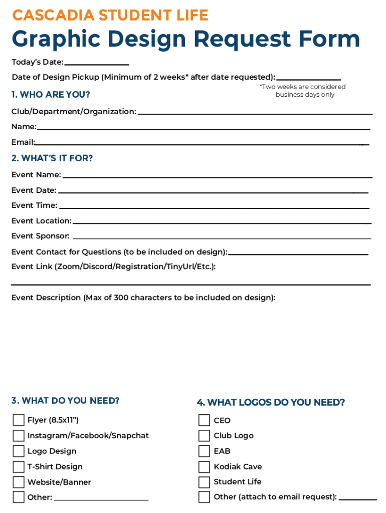 Fillable Online CASCADIA STUDENT LIFE Graphic Design Request Form Fax ...