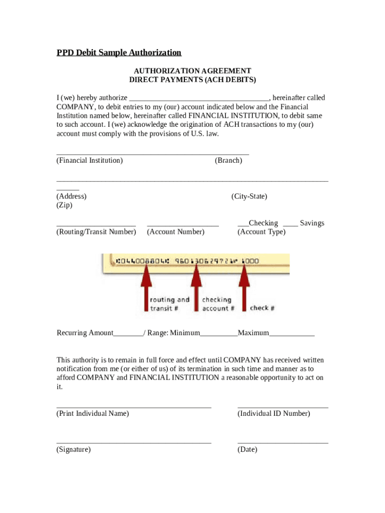 PPD Debit Sample Authorization Doc Template | pdfFiller