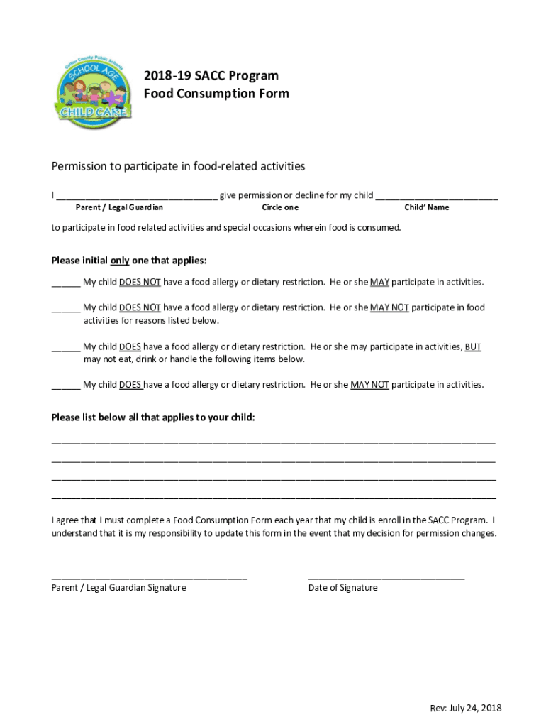 Fillable Online 2018-19 SACC Program Food Consumption Form Fax Email ...