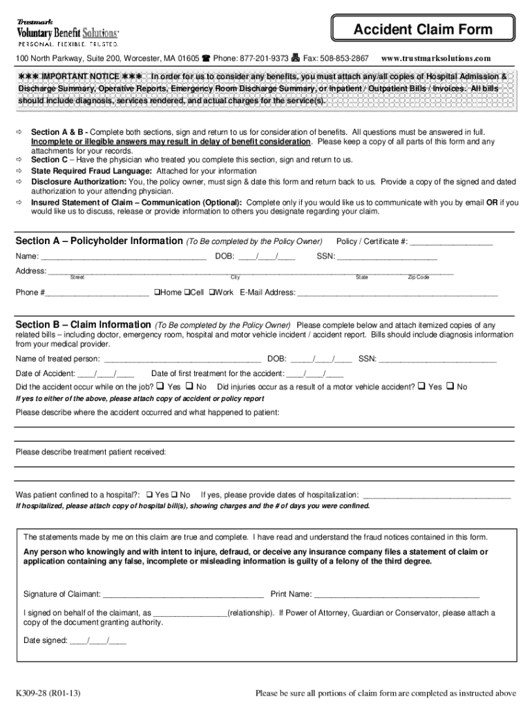Fillable Online Fillable Online Accident Claim Form - Trustmark ...