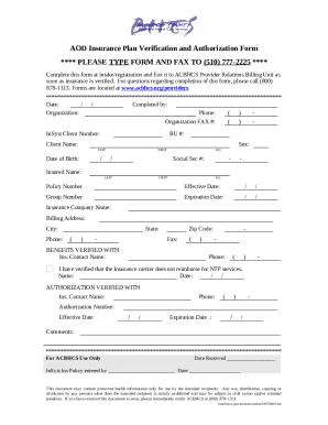 AOD Insurance Plan Verification and Authorization Doc Template | pdfFiller