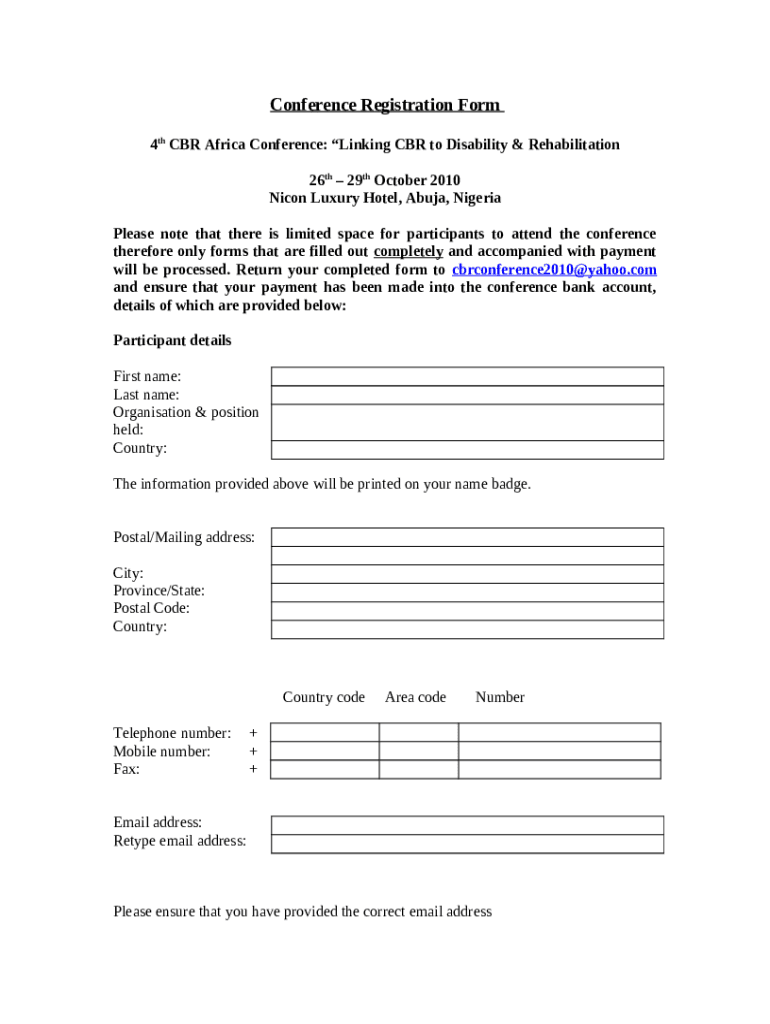 4th CBR Africa Conference: "Linking CBR to Disability & Rehabilitation Doc Template | pdfFiller