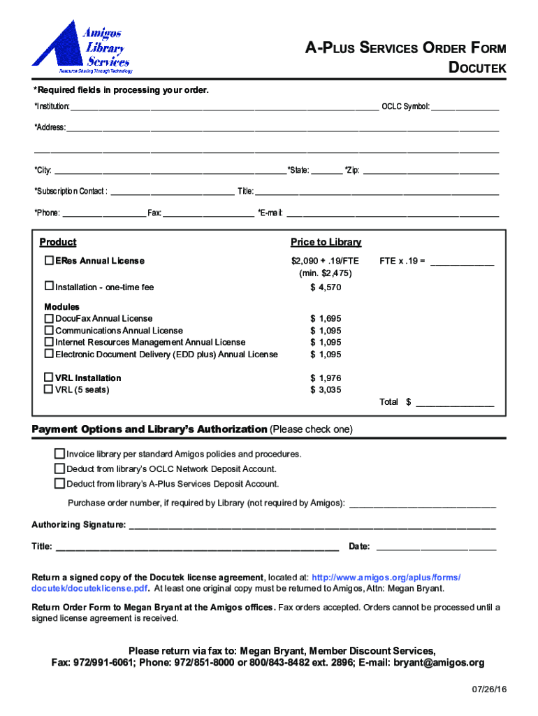 Fillable Online A-PLUS SERVICES ORDER FORM Fax Email Print - pdfFiller