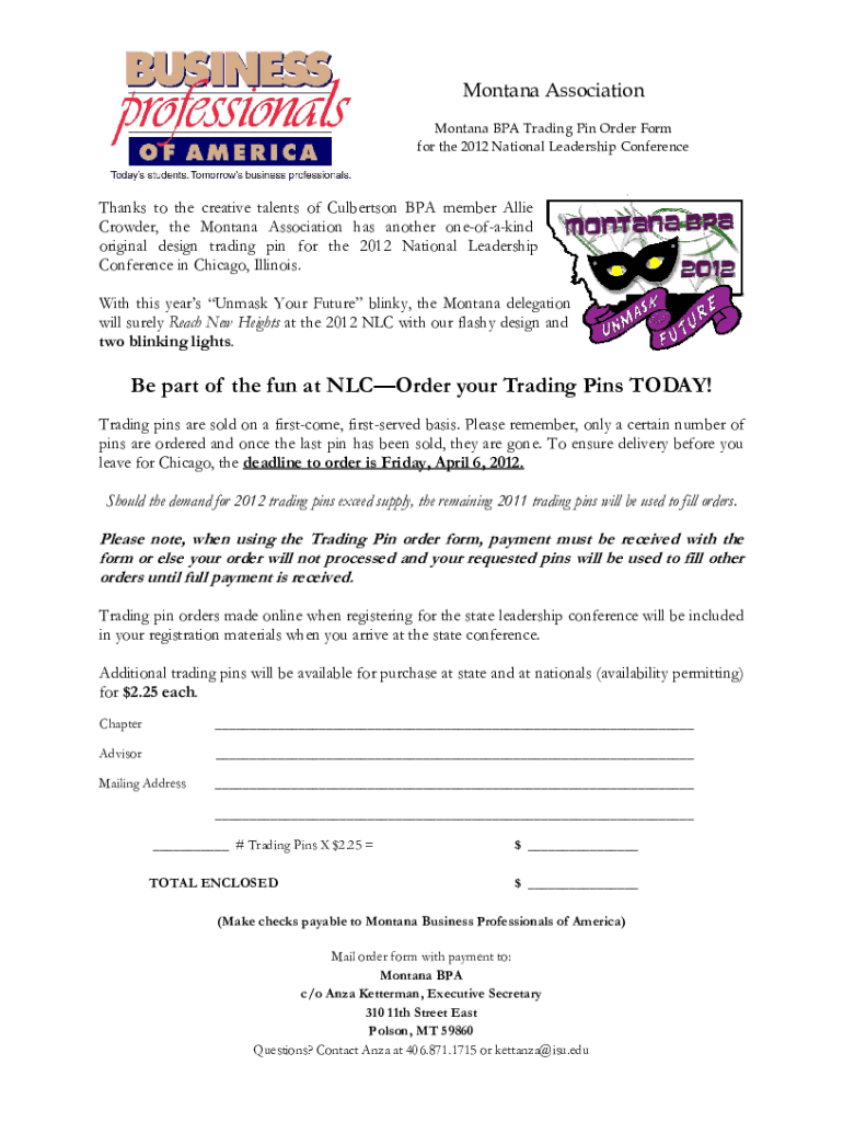 Fillable Online 2012 Trading Pin Order Form Fax Email Print - pdfFiller