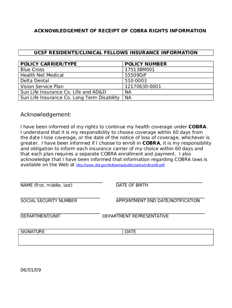 ACKNOWLEDGEMENT OF RECEIPT OF COBRA RIGHTS INATION - ucsfhr ucsf Doc ...