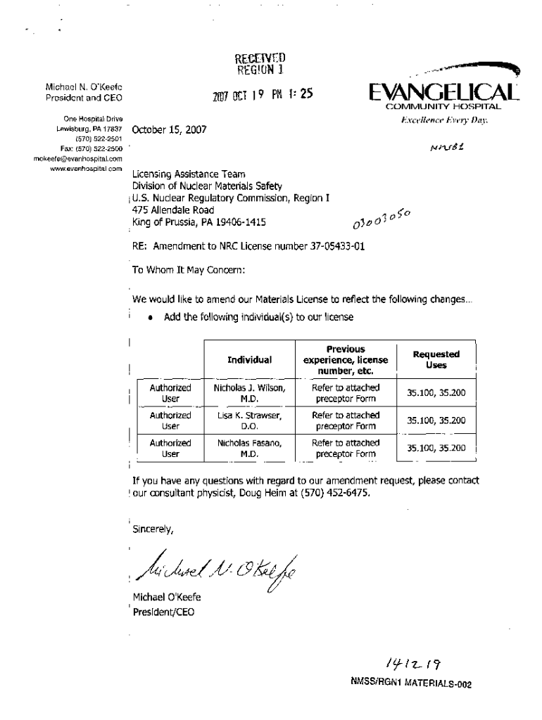 Fillable Online Evangelical Community Hospital, Amendment Request ...