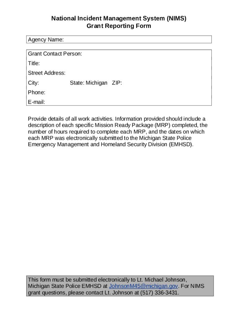NIMS Grant Reporting - michigan.gov Doc Template | pdfFiller