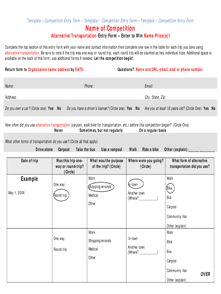 Fillable Online Template Competition Entry Form Template Competition ...