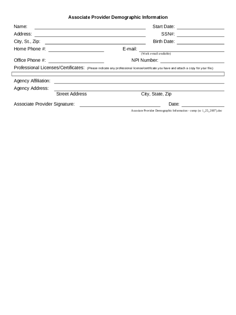 Associate Provider Demographic Ination Doc Template | pdfFiller