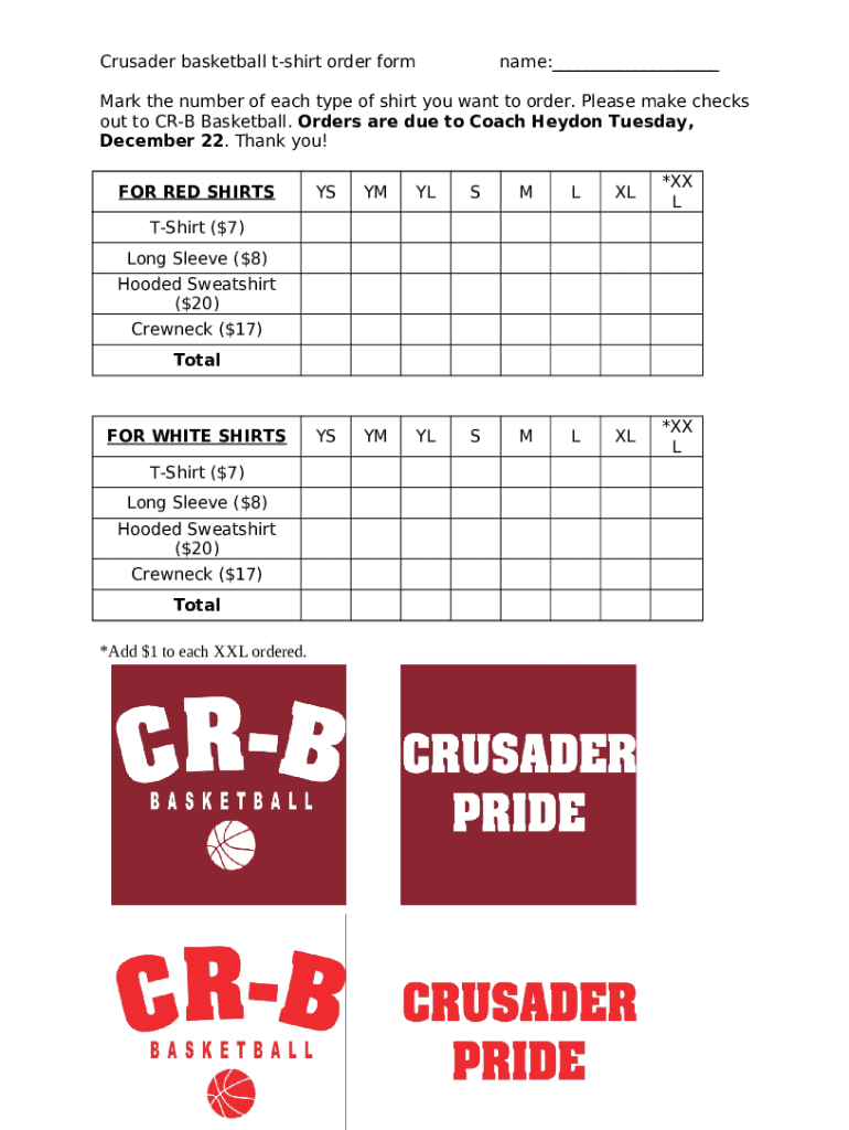 Crusader basketball t-shirt order Doc Template | pdfFiller