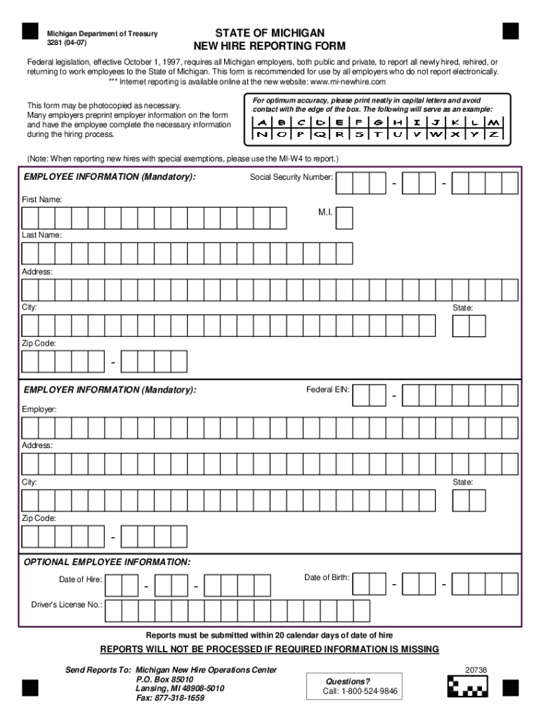 Fillable Online State Of Michigan New Hire Reporting Form - Fill Online ...