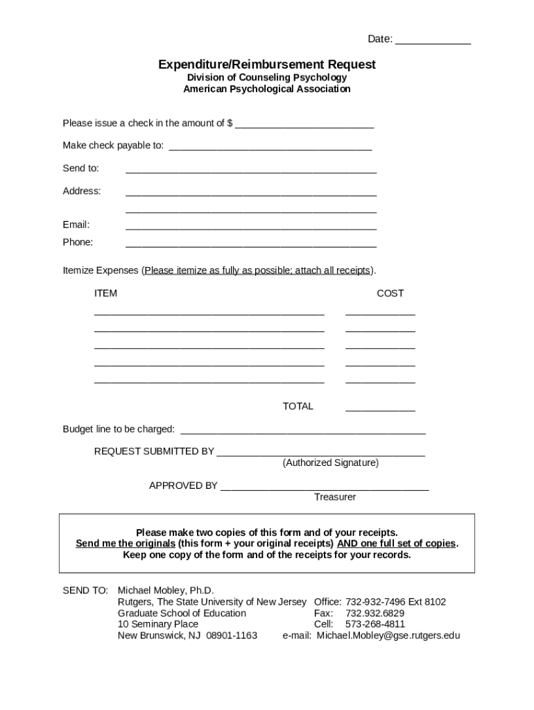 Expenditure/Reimbursement Request Doc Template | pdfFiller