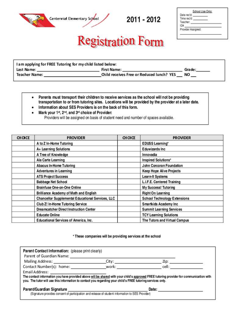 Fillable Online Centennial SES Registration Form 2011-2012 Fax Email ...
