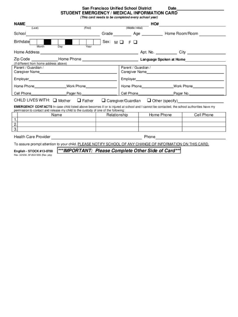Fillable Online STUDENT EMERGENCY / MEDICAL INFORMATION CARD Fax Email ...