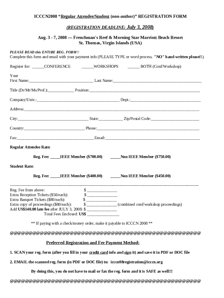 ICCCN2008 "Regular Attendee/Student (non-author)" REGISTRATION Doc Template | pdfFiller