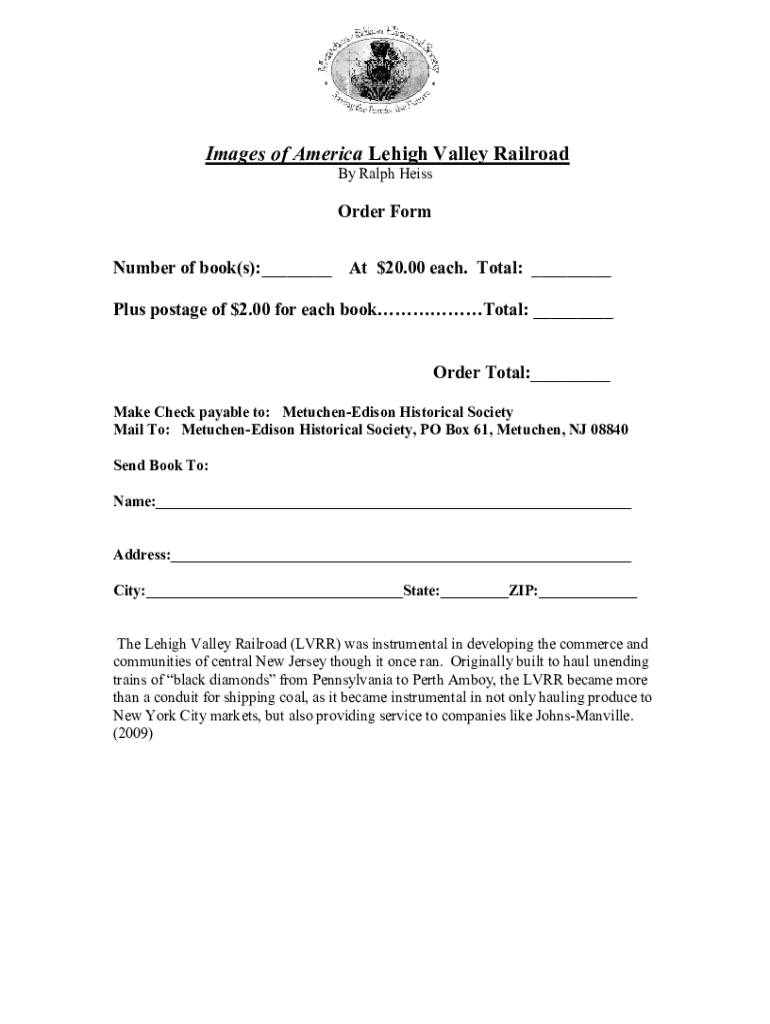 Fillable Online Order Form-Arcadia Lehigh Valley Railroad Fax Email ...