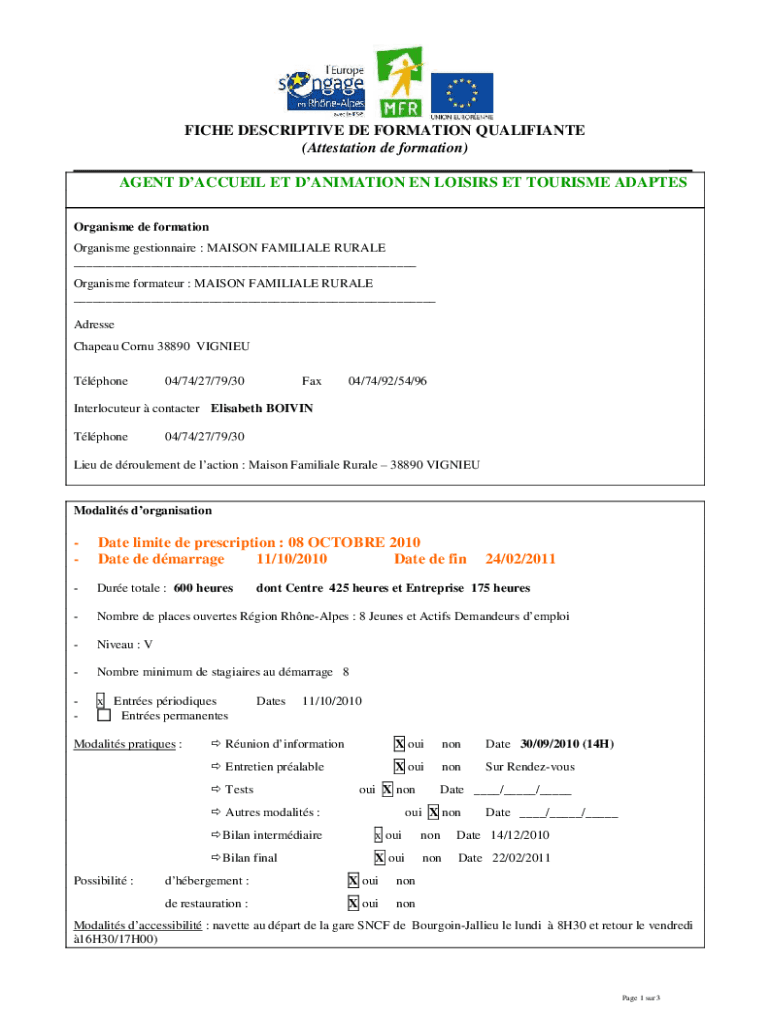 Fillable Online FICHE DESCRIPTIVE formation agent accueil Fax Email ...