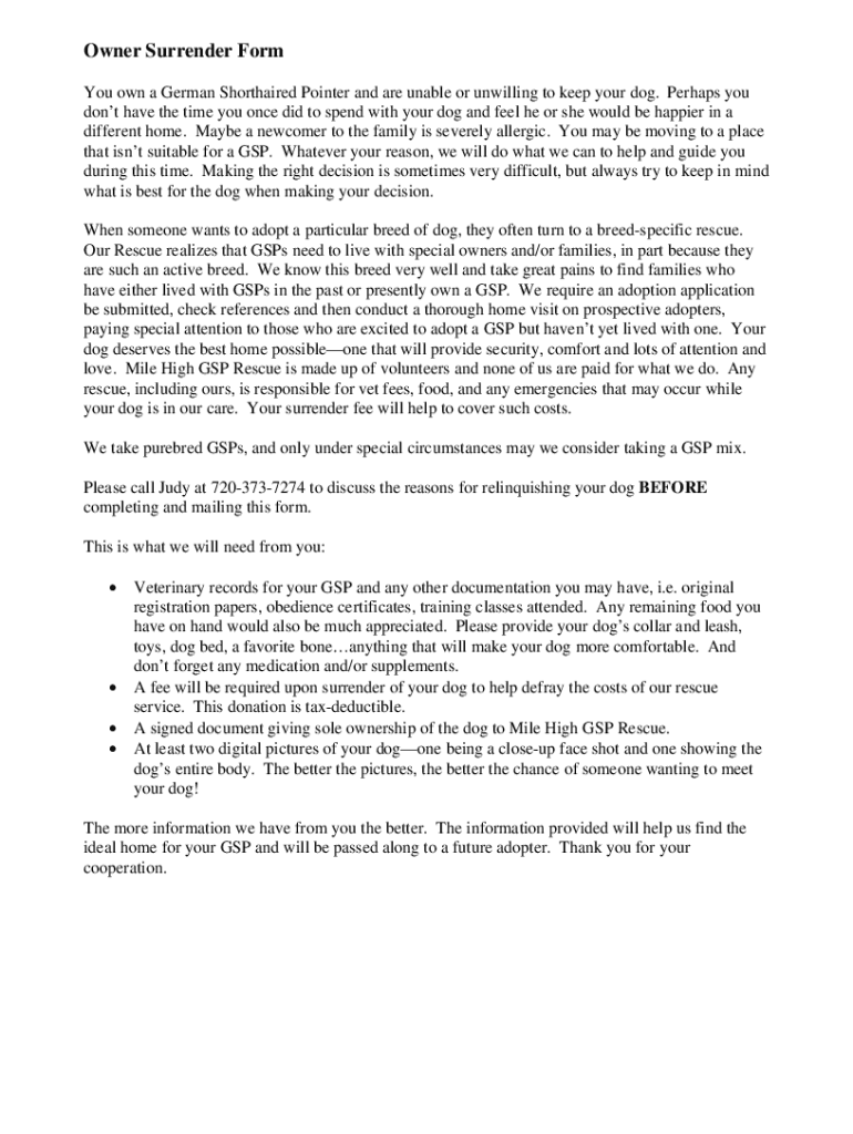 Fillable Online Owner Surrender Form - K9 Services German Shepherd ...